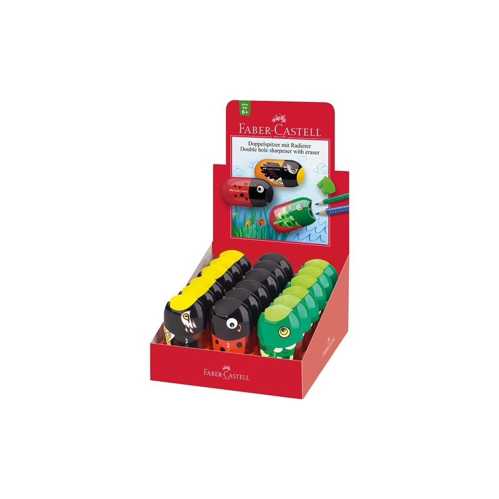 Display 18 ascutitori asortate, Pestisor-Buburuza-Vultur, Faber Castell