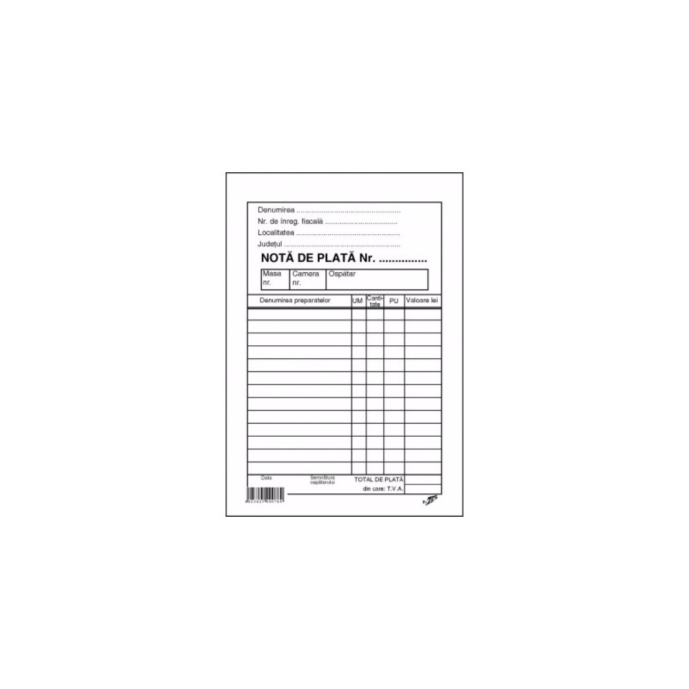 Nota plata ospatar, autocopiativ, A6, 2 exemplare, 50 seturi/carnet